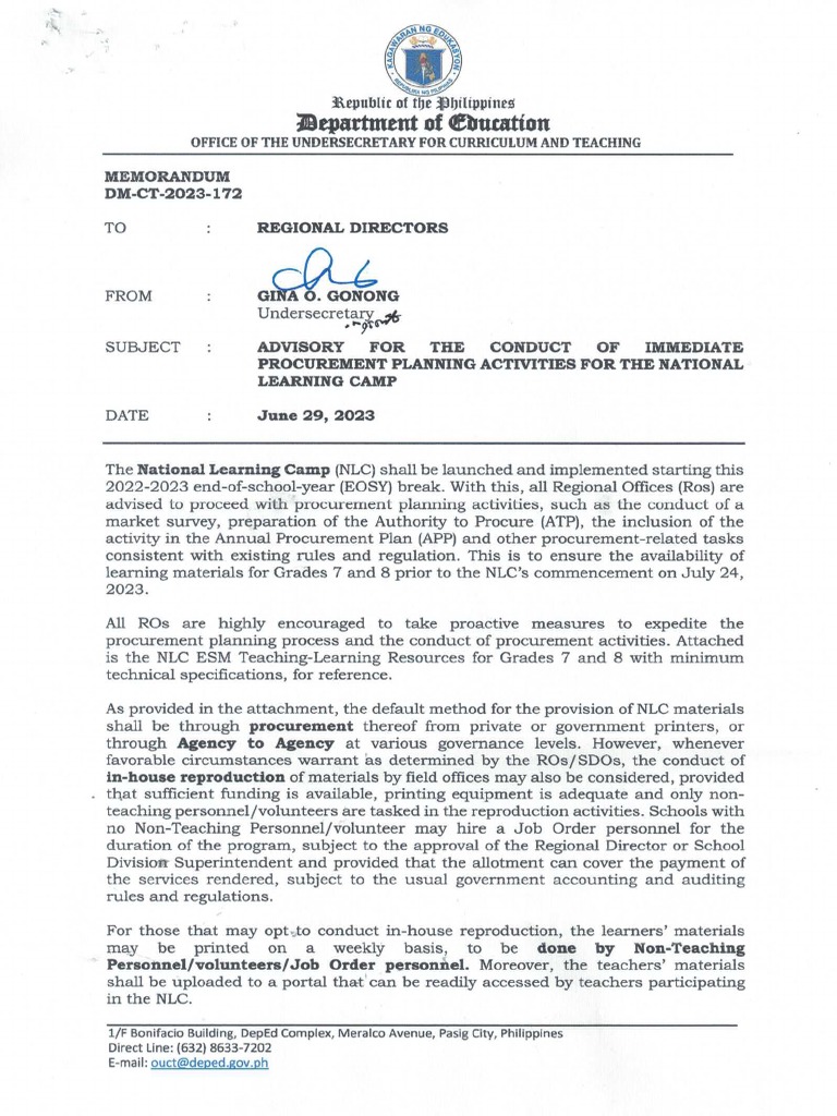 Advisory For The Conduct of Immediate Procurement Planning Activities For The NLC | PDF