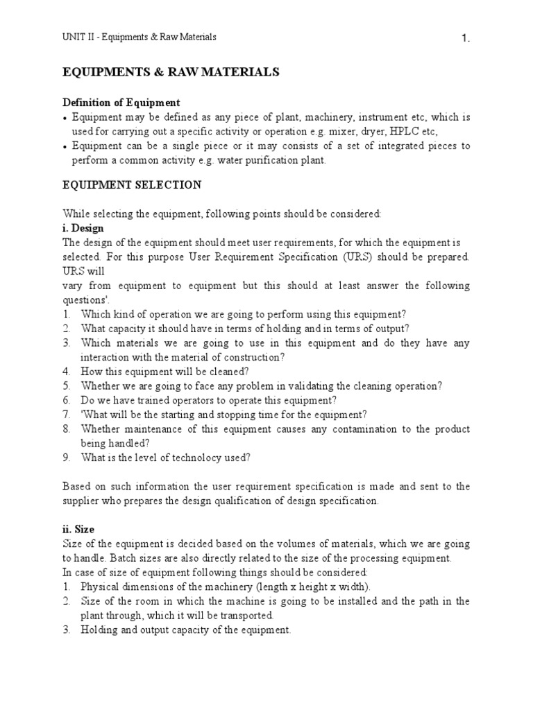 Equipment and Raw Materials Overview | PDF | Technology & Engineering