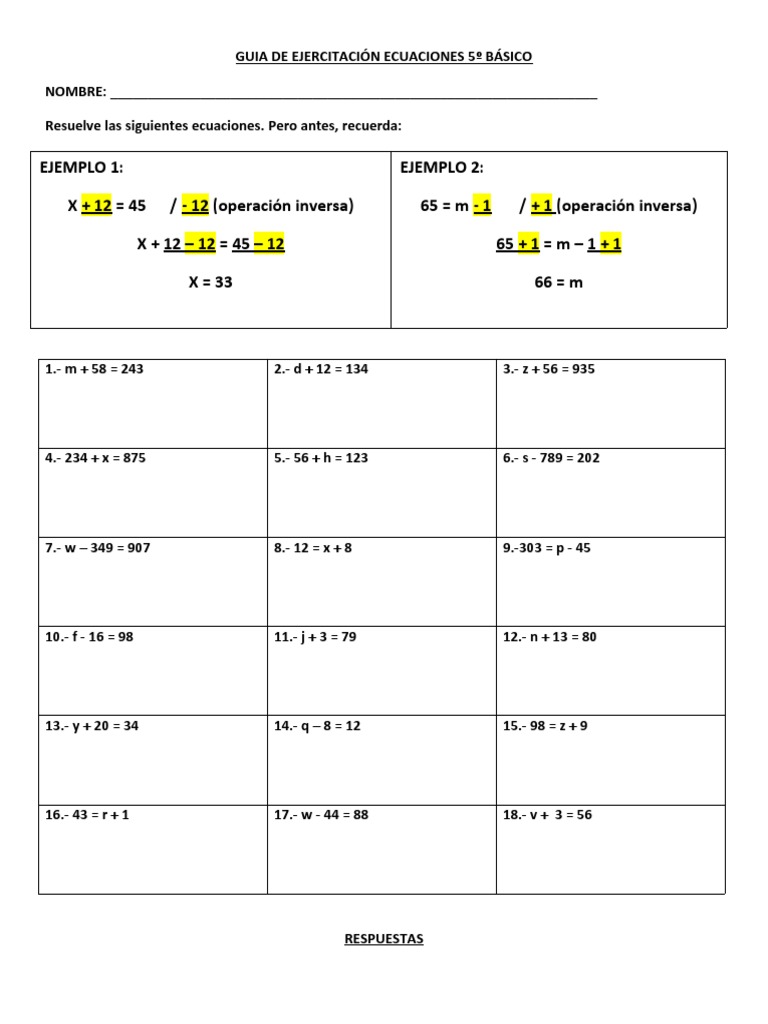 Guia de Ejercitación Ecuaciones 5º Básico | PDF