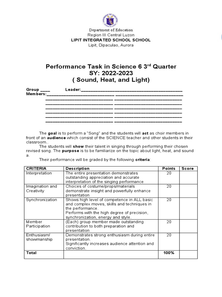 Performace Task in Heat, Sound, and Light Grade 6 | PDF | Learning ...