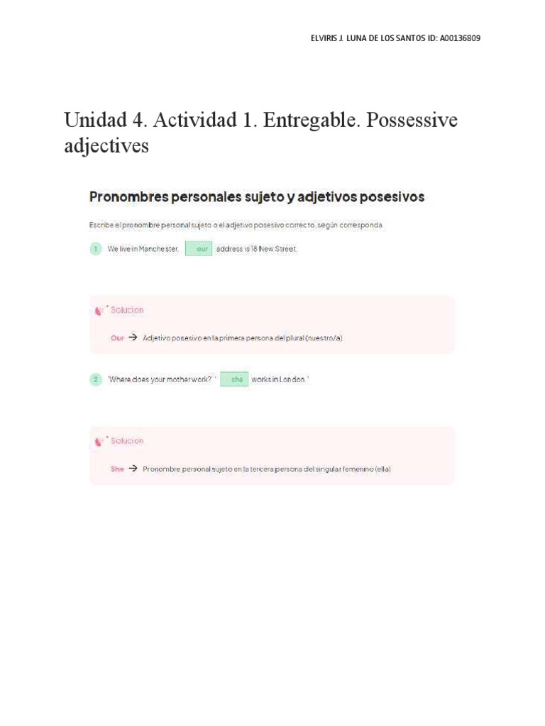 Luna-Elviris Entregable. Possessive Adjectives | PDF