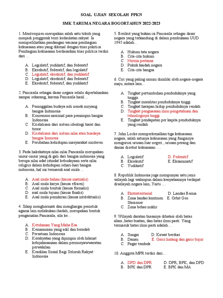 SOAL UJIAN SEKOLAH PPKN SMK TNB 2022-2023.EDITdocx | PDF | Politik