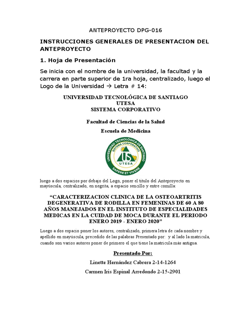 Instrucciones Anteproyecto DPG | PDF | Osteoartritis