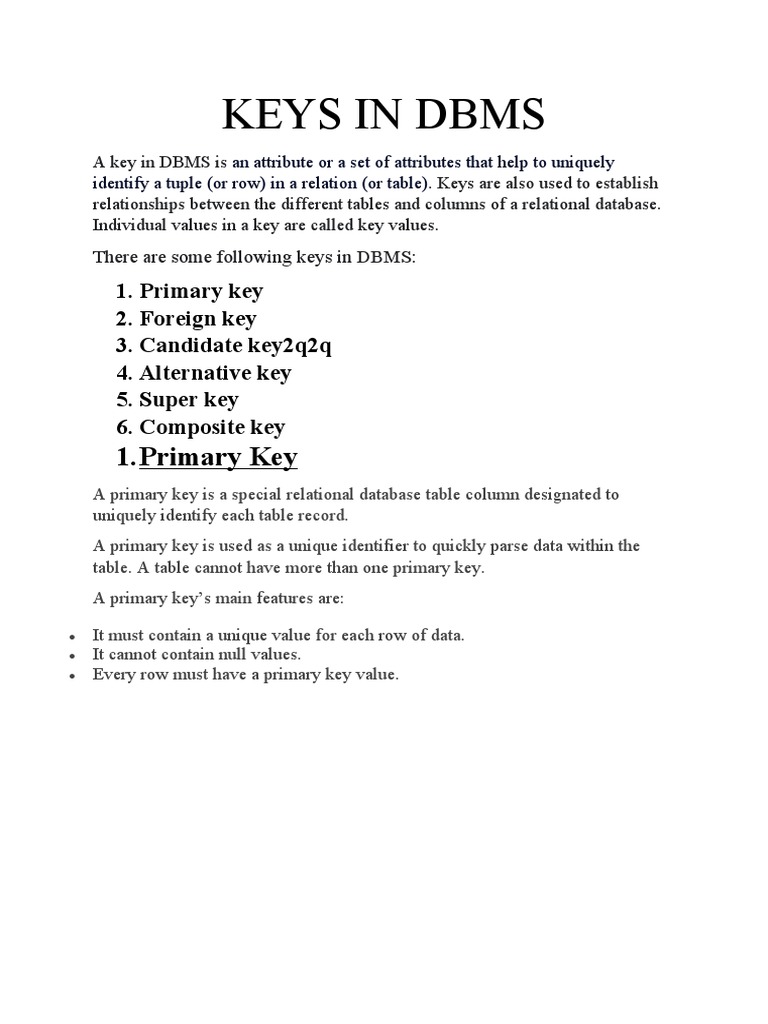 Keys in DBMS | PDF | Relational Model | Table (Database) Keys in DBMS | PDF | Relational Model | Table (Database)