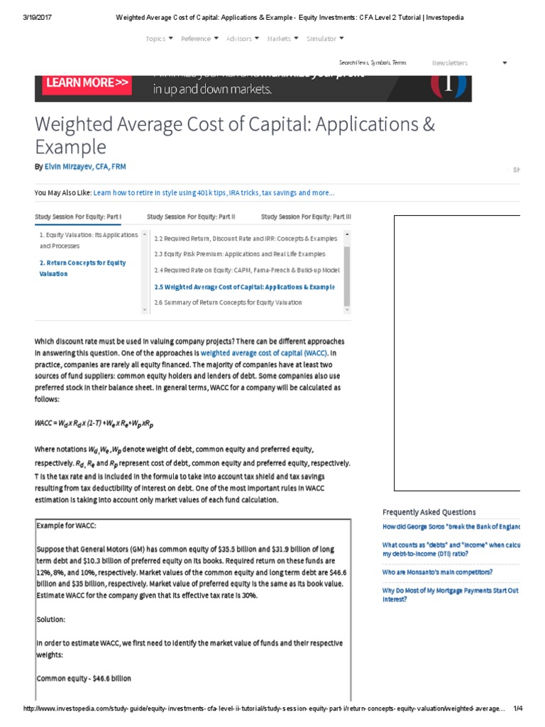 Weighted Average Cost of Capital - Applications & Example - Equity ...