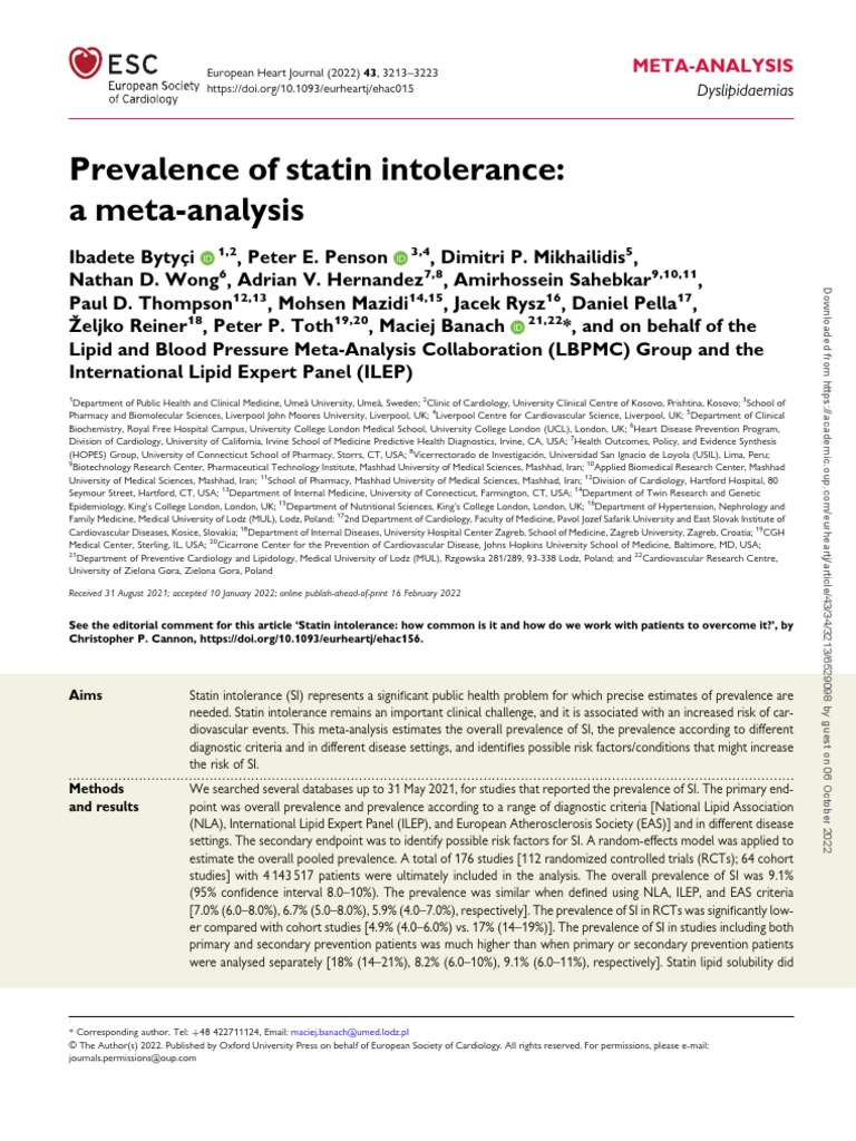 Prevalence Of Statin Intolerance A Meta Analysis Pdf Statin
