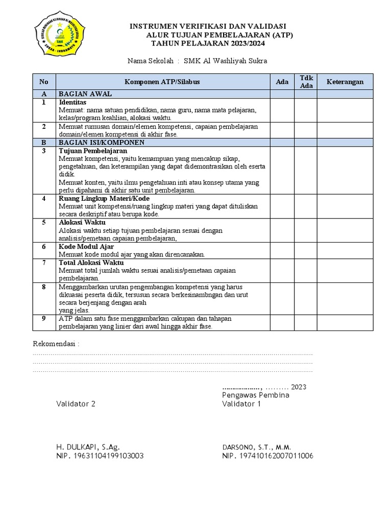Instrumen Verifikasi Dan Validasi Atp, Modul Ajar | PDF