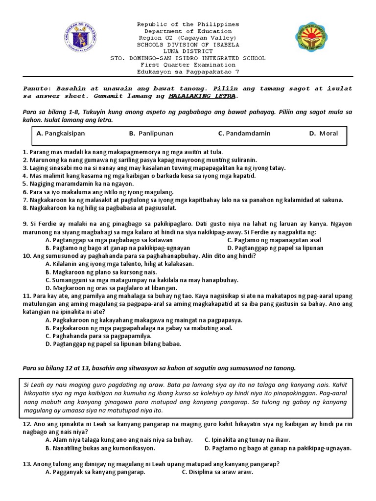 A. Pangkaisipan C. Pandamdamin D. Moral: B. Panlipunan | PDF