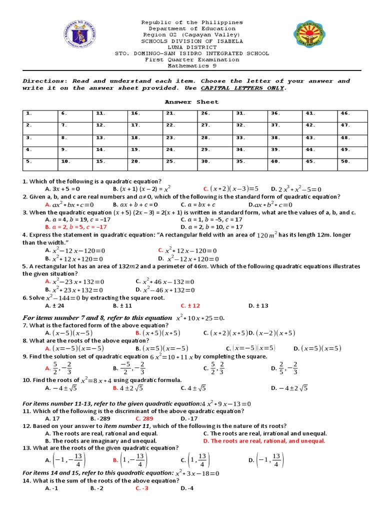 Math 9 | PDF | Quadratic Equation | Function (Mathematics)
