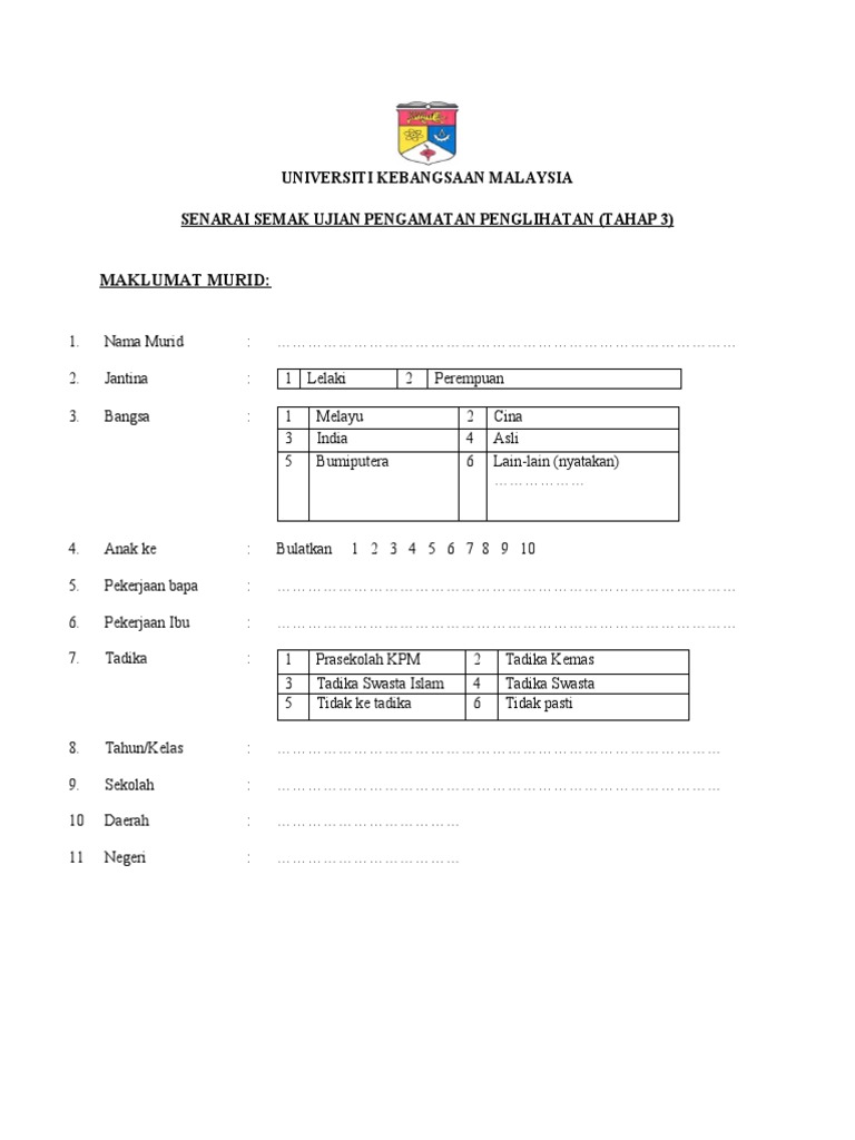 Senarai Semak & Instrumen Ujian Pengamatan Penglihatan (Band 3) | PDF