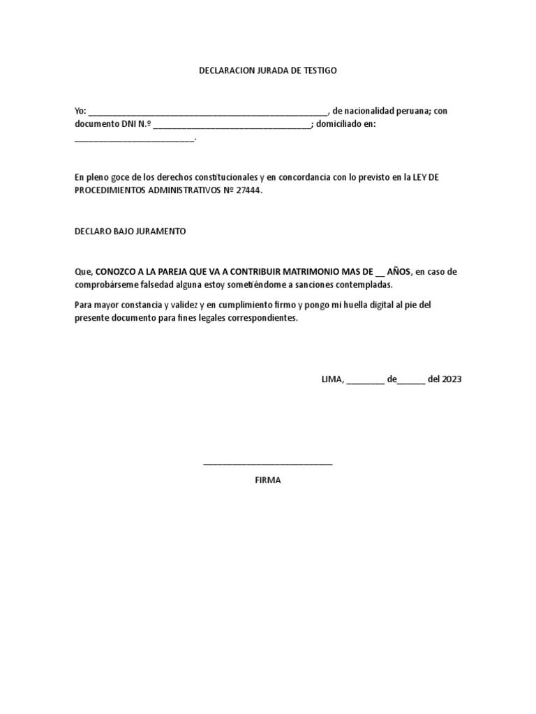 Declaracion Jurada de Testigo | PDF Declaracion Jurada de Testigo | PDF