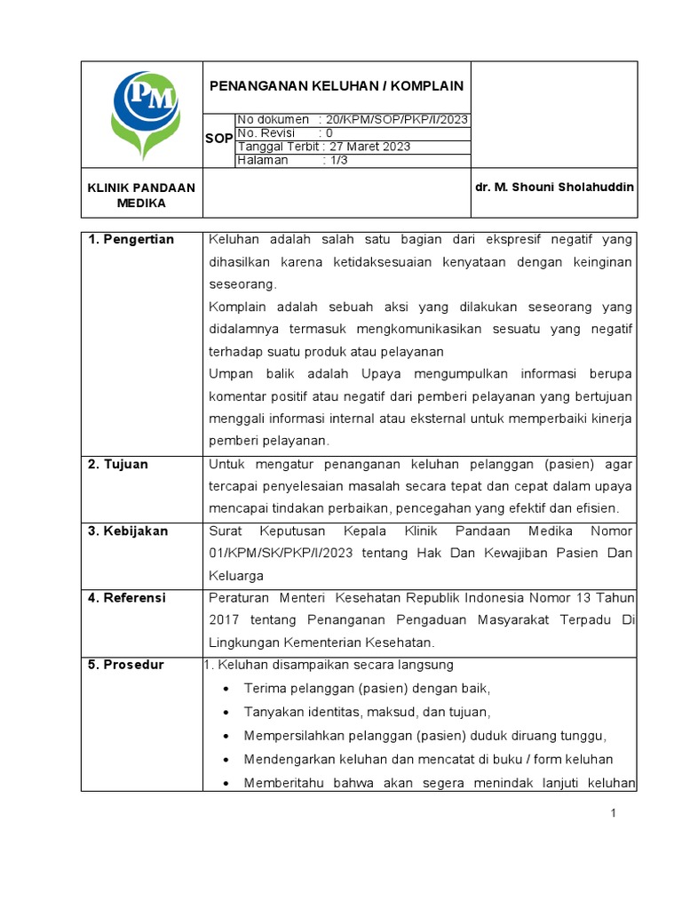 PKP 1 No.5 Sop Tentang Penanganan Keluhan Atau Komplain | PDF
