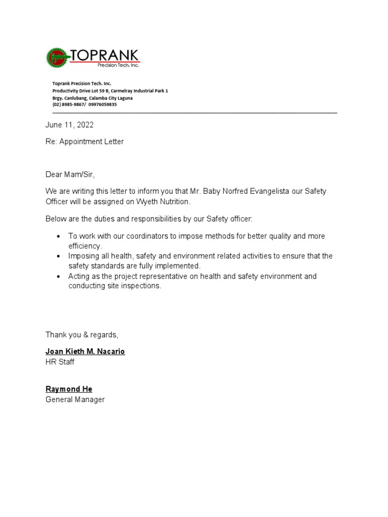 Appoinment Letter | PDF