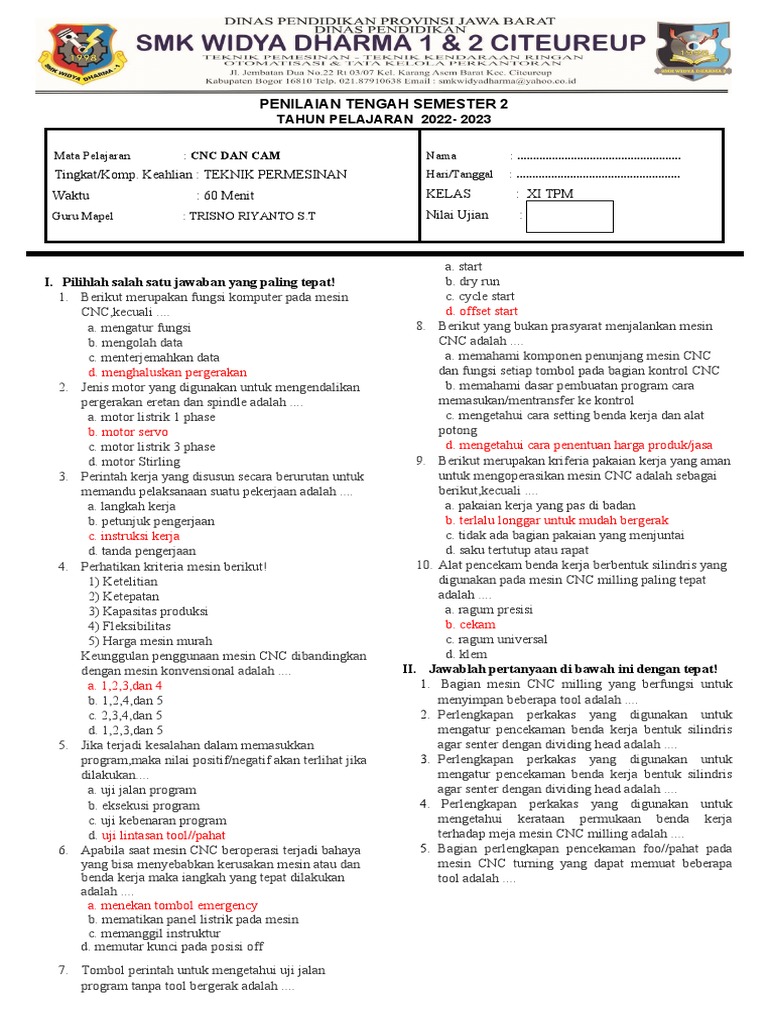Soal PTS Genap CNC & Cam Xi TPM | PDF