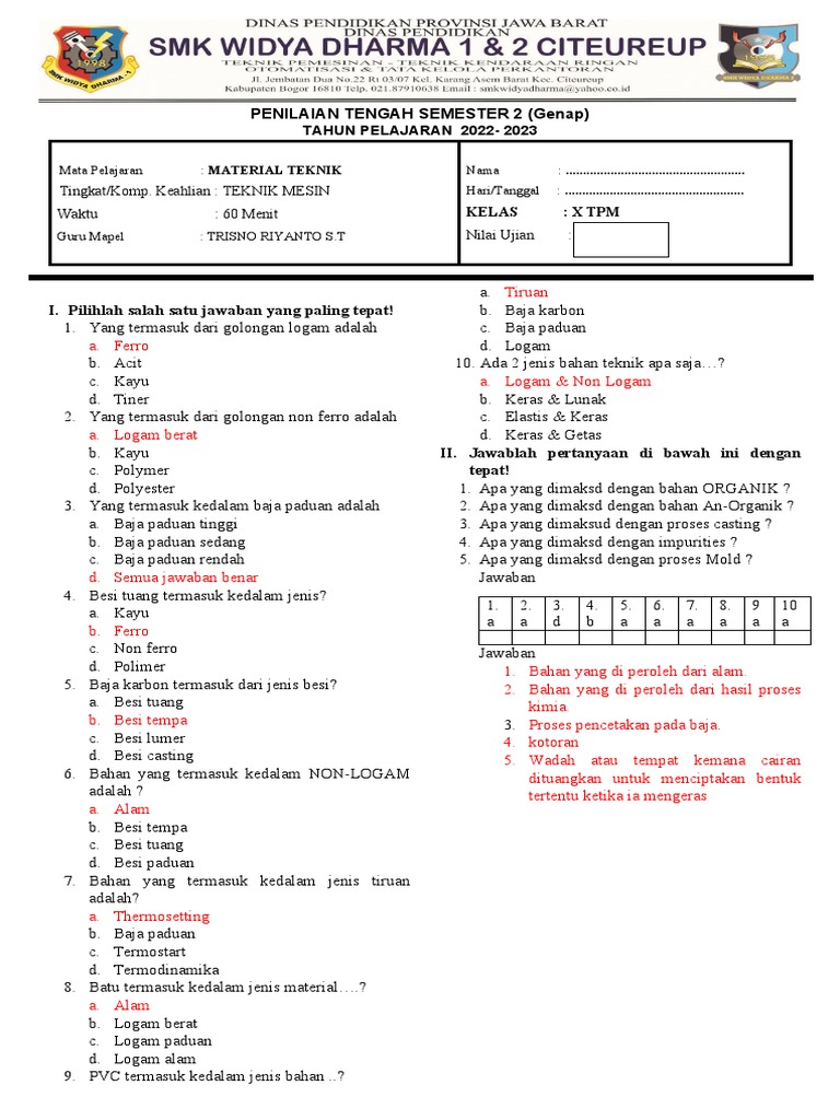 Soal Pts Genap Material Bahan X TPM | PDF