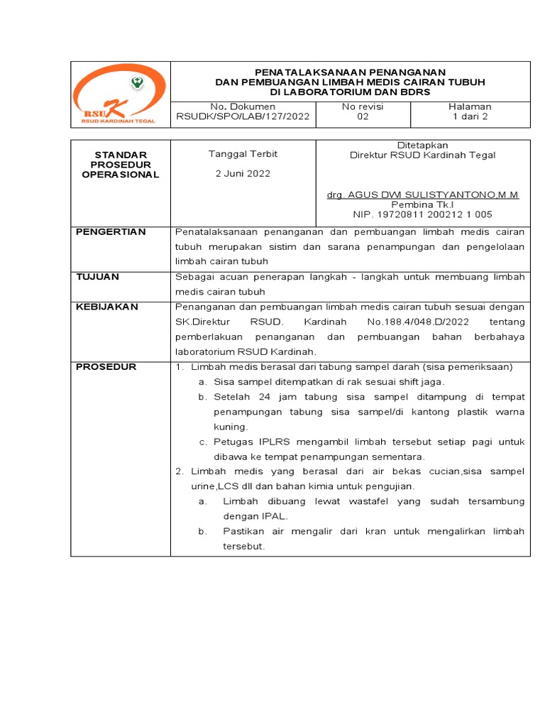 Protap Penatalaksanaan Penanganan Dan Pembuangan Limbah Cairan Tubuh Di Laboratorium Dan Bdrs ...