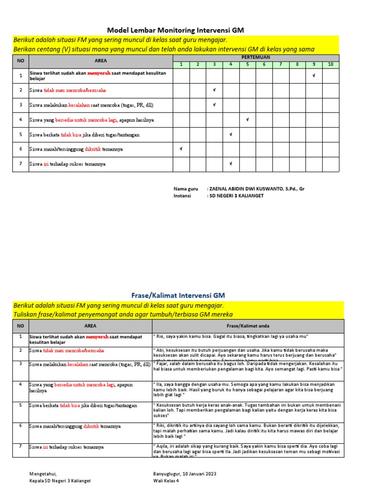 Model Lembar Monitoring Intervensi GM | PDF