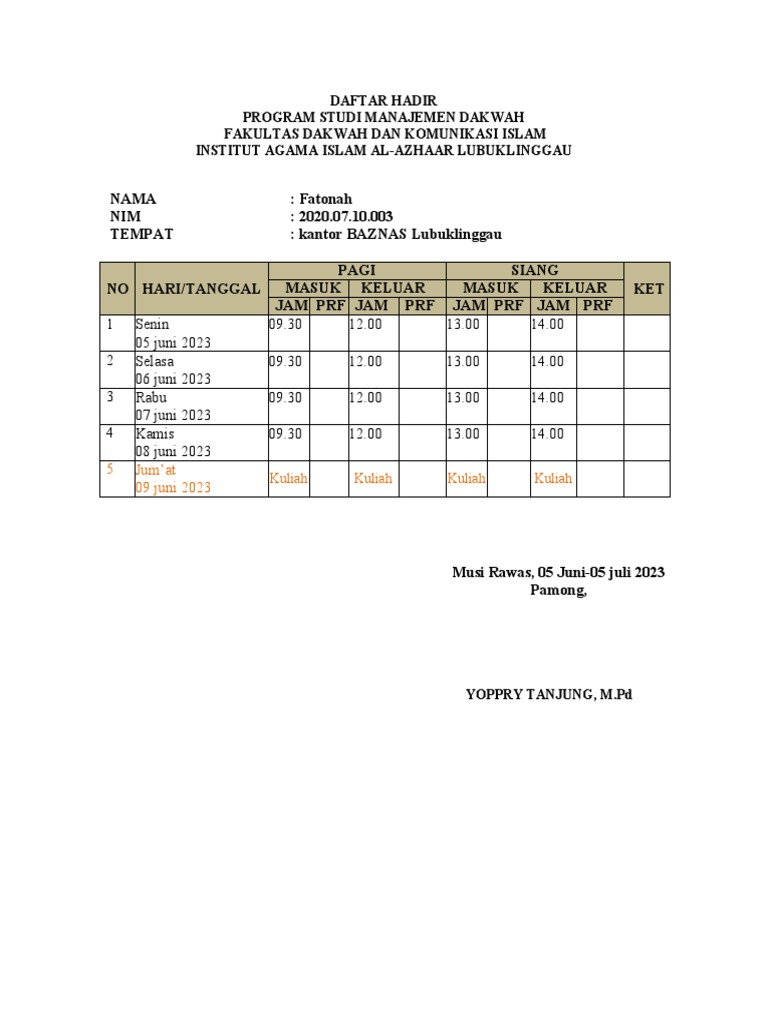 Absen Magang Baznas | PDF