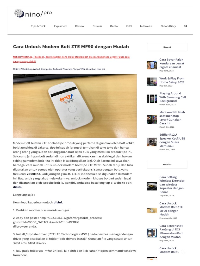 Cara Unlock Modem Bolt ZTE MF90 Dengan Mudah - NinoPro | PDF
