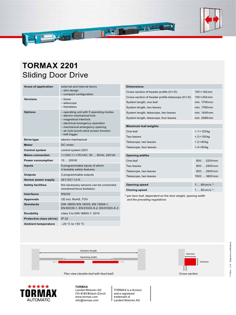 TORMAX 2201: Sliding Door Drive | PDF | Manufactured Goods