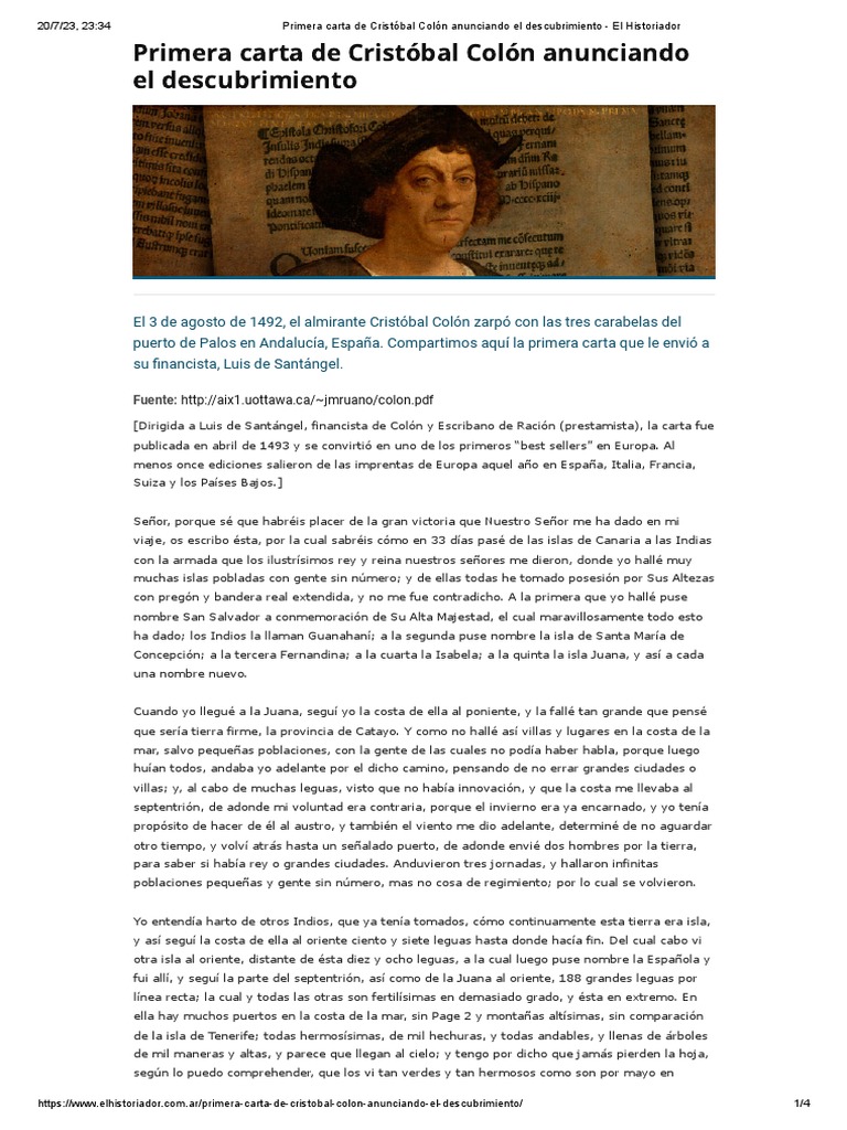 3 Primera Carta de Cristóbal Colón Anunciando El Descubrimiento - El ...