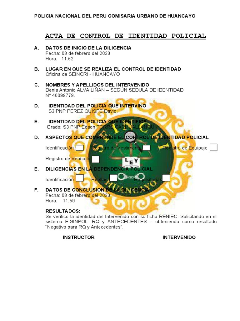 Acta de Control Identidad | PDF | Cumplimiento de la ley | Crimen y violencia