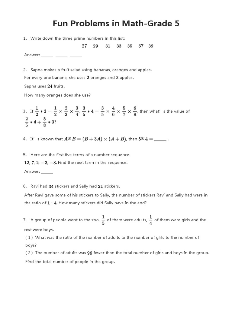 Grade 5 Math Problem Set | PDF | Arithmetic | Mathematics