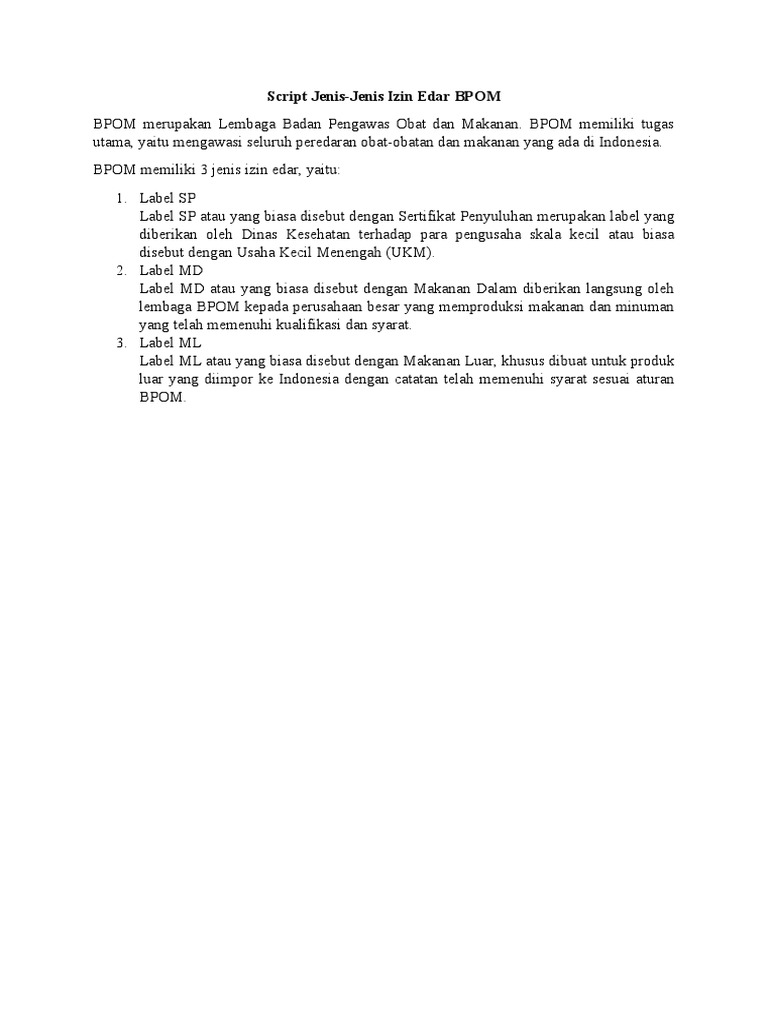 Script Jenis Jenis Izin Edar BPOM | PDF
