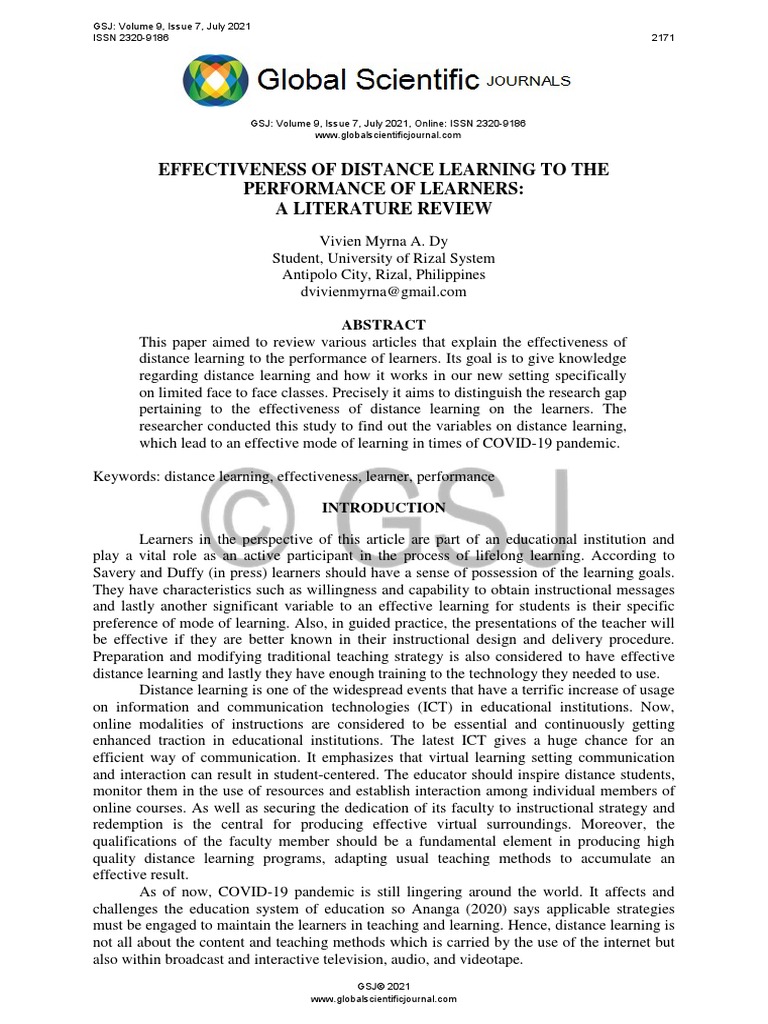 Effectiveness of Distance Learning To The Performance of Learners | PDF ...