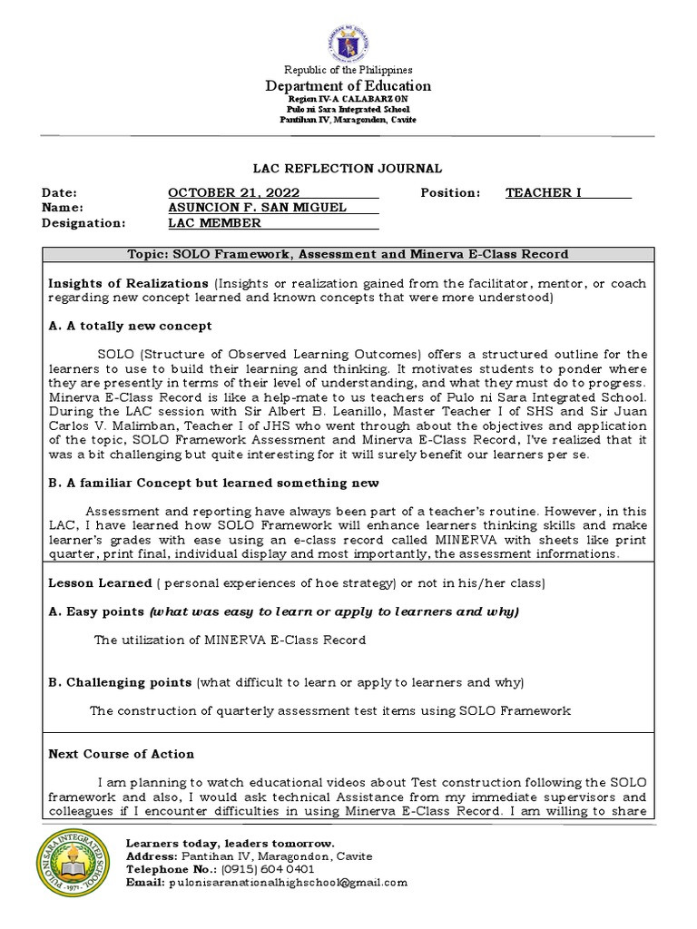 Lac Reflection Journal Solo Framework | PDF | Learning | Teachers