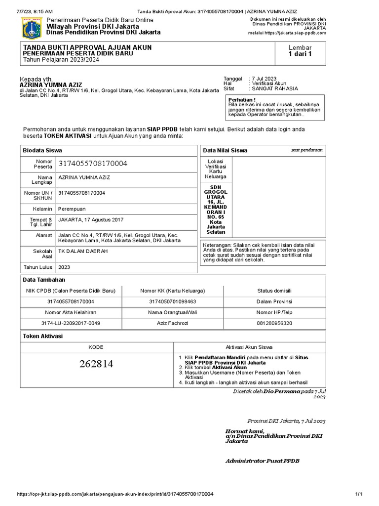 Tanda Bukti Aproval Akun - 3174055708170004 - AZRINA YUMNA AZIZ | PDF