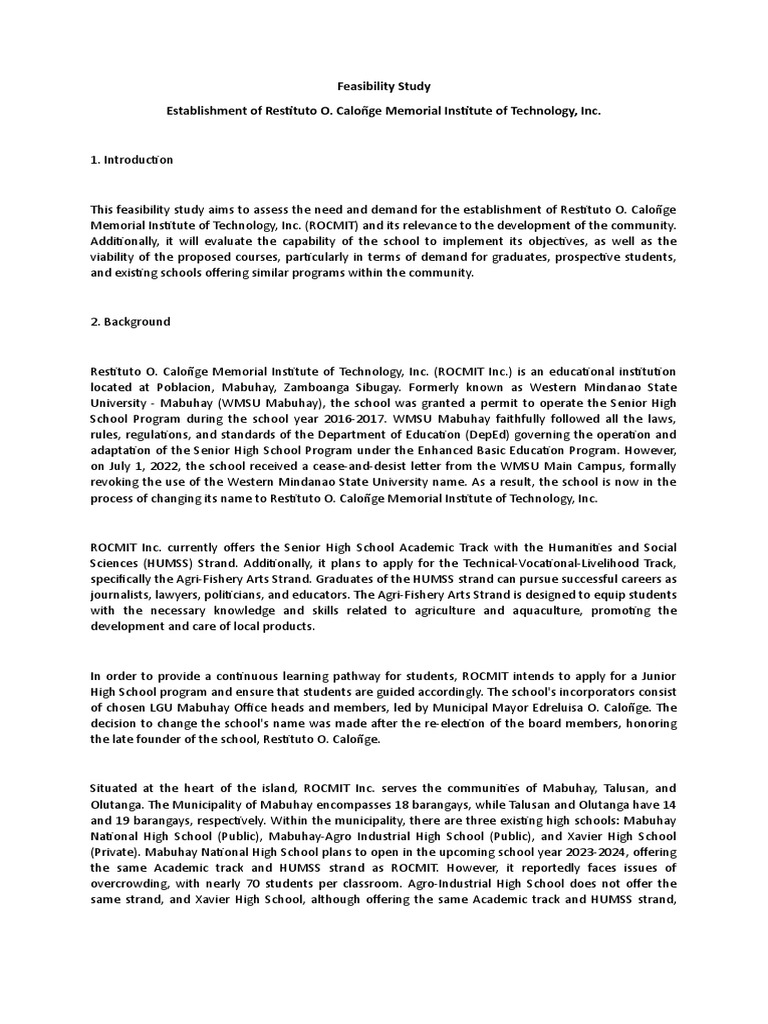 Updated Feasibility Study For Application of School Name | PDF | Teachers | Infrastructure