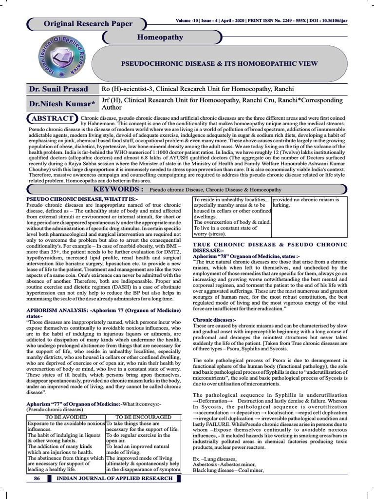 Pseudochronic Disease and Its Homoeopathic View - April - 2020 ...