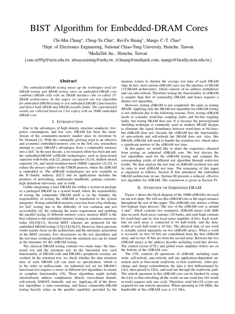 Bist Algorithm For Embedded Dram Cores Pdf Dynamic Random Access Memory Random Access Memory 