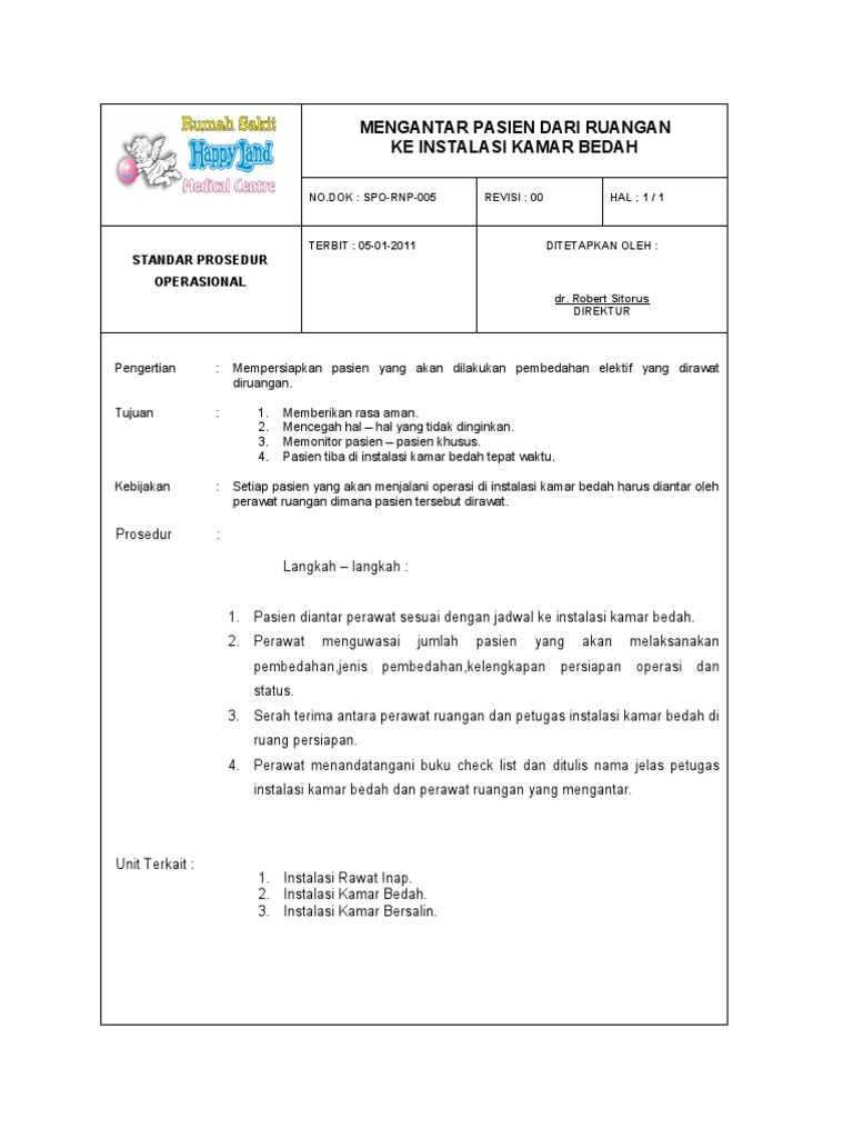 SPO-RNP-005 MENGANTAR PASIEN DARI RUANGAN Ke INSTALASI KAMAR BEDAHL | PDF