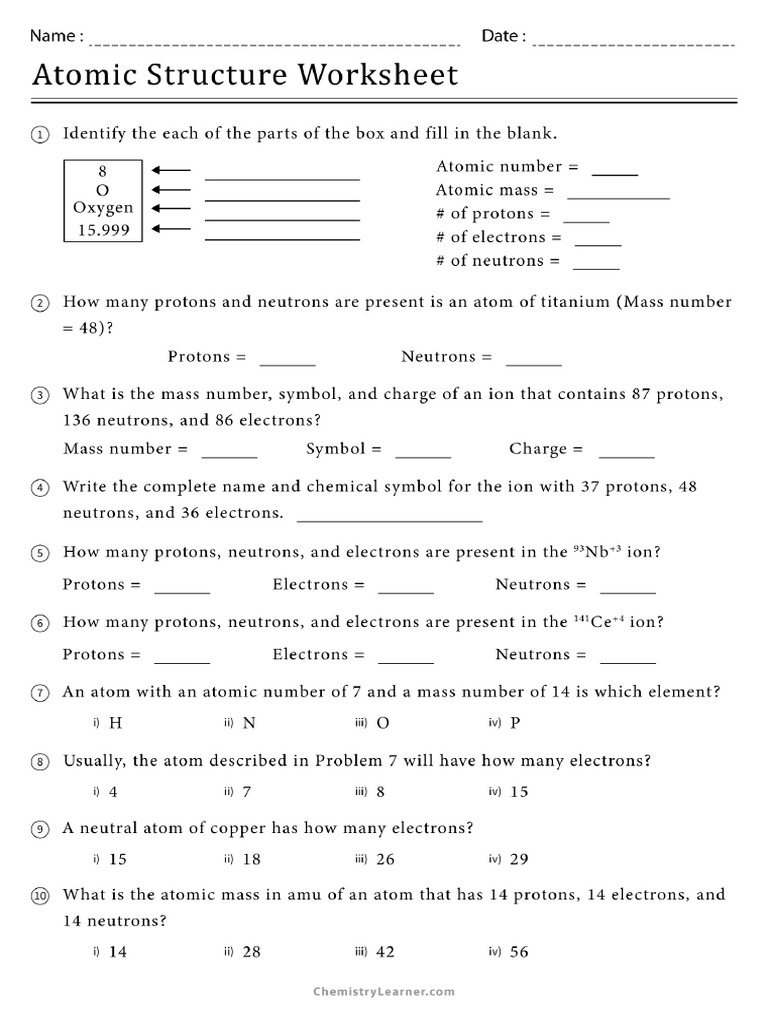 Atomic Structure Worksheet With Answers Key Physical Science | PDF