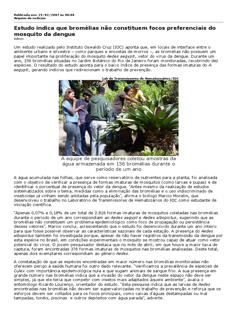 Instituto Oswaldo Cruz - Bromélias Não Constituem Focos Preferenciais ...