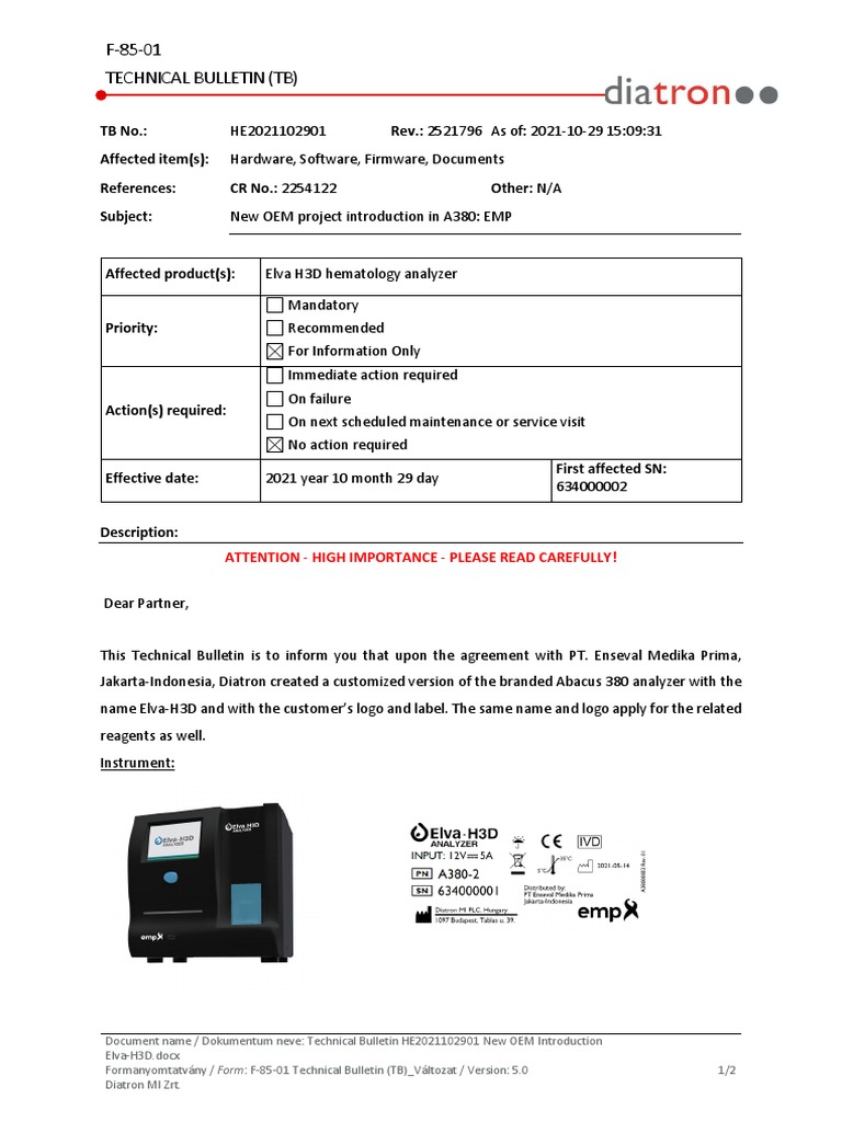 Technical Bulletin HE2021102901 New OEM Introduction Elva-H3D | PDF