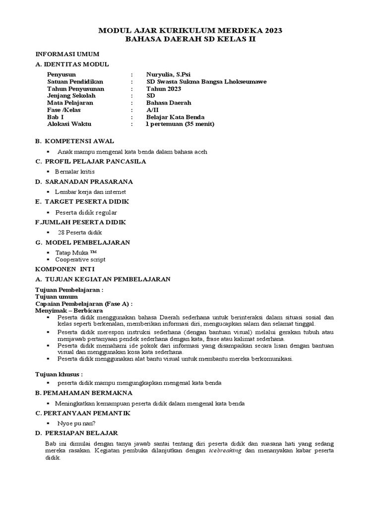 Modul Ajar Bahasa Daerah Aceh | PDF | Kajian Bahasa Asing