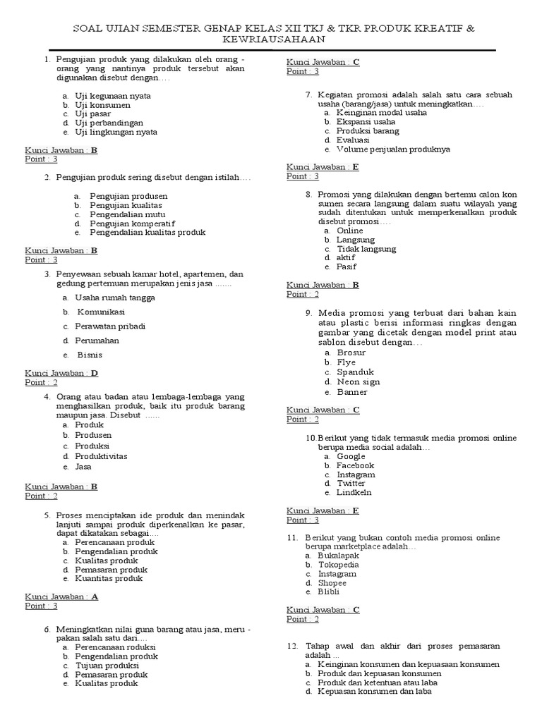 Soal Semester Kelas Xii TKR Dan TKJ | PDF