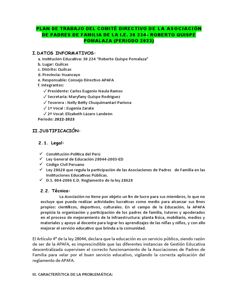 Plan de Trabajo de Apafa-2023 | PDF