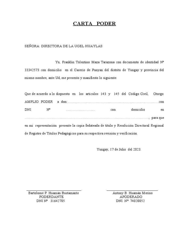 Carta Poder Ugel Huaylas | PDF