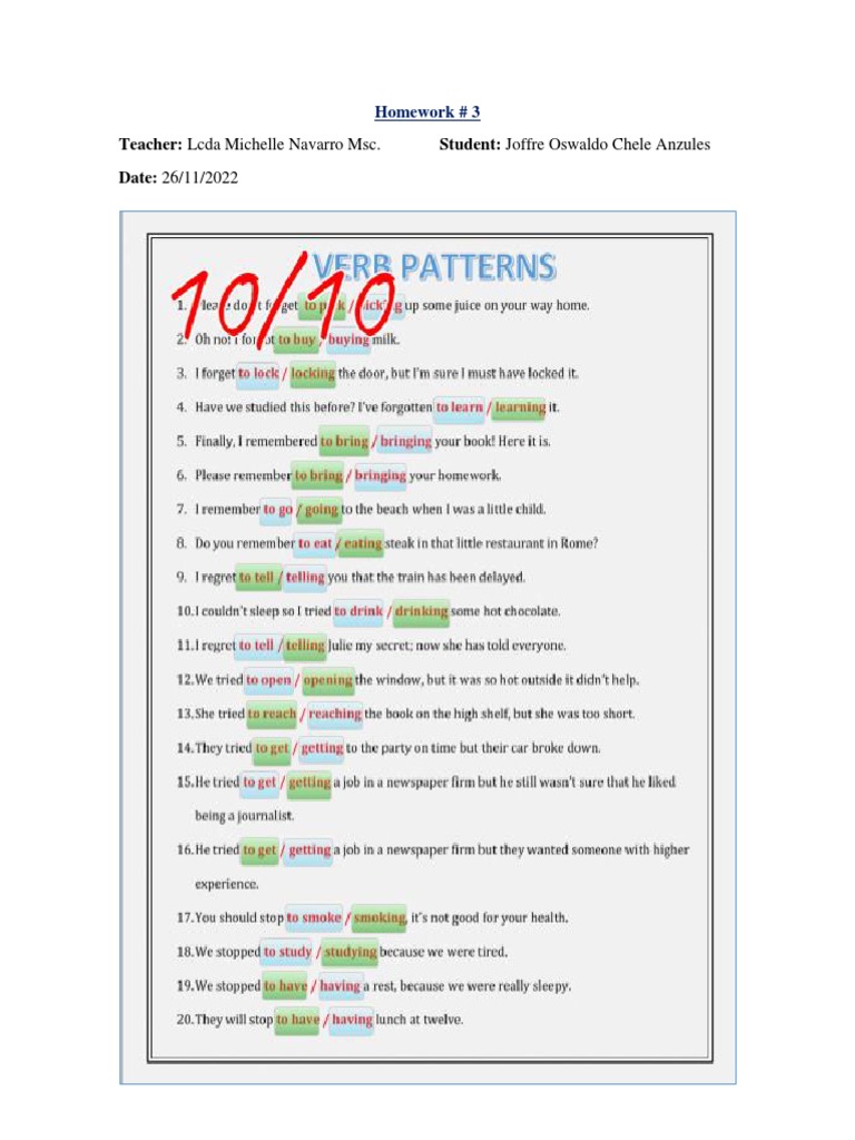 Homework 3 - Verbs Patterns - Joffre Chele | PDF
