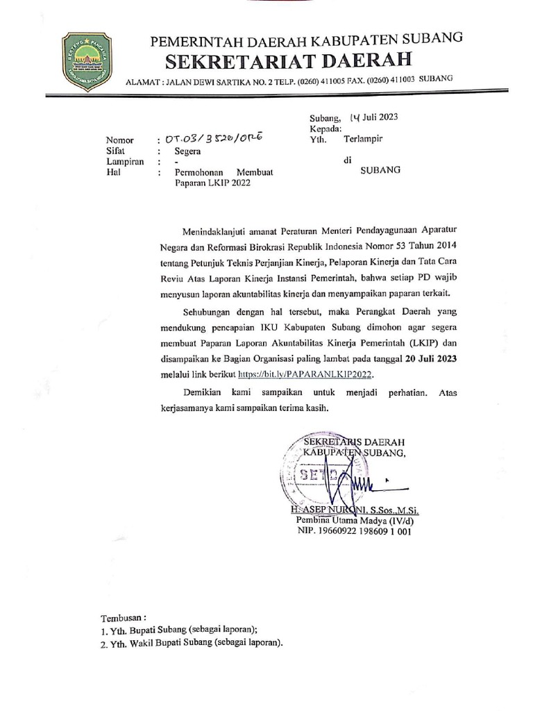 Surat Permohonan Membuat Paparan LKIP | PDF