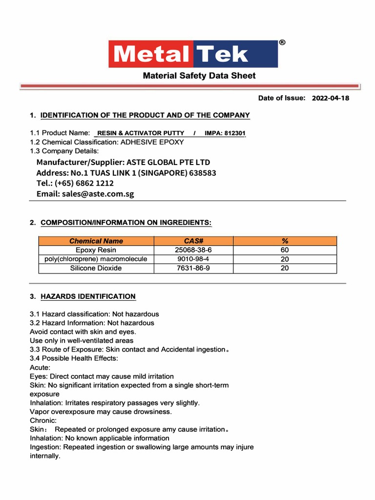 Metal Tek Strong Back Resin Activator Msds 2023 Pdf