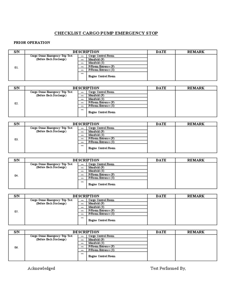 Checklist Cargo Pump Emergency Stop | PDF | Shipping | Ships