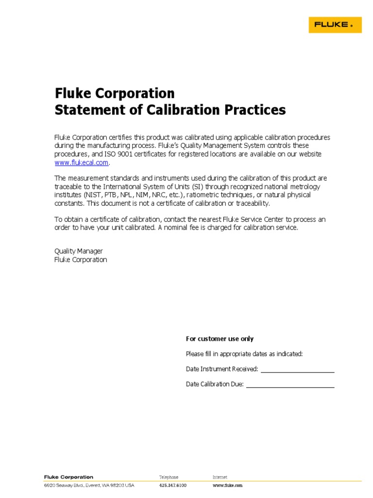 Fluke Statement Of Calibration Practices Pdf