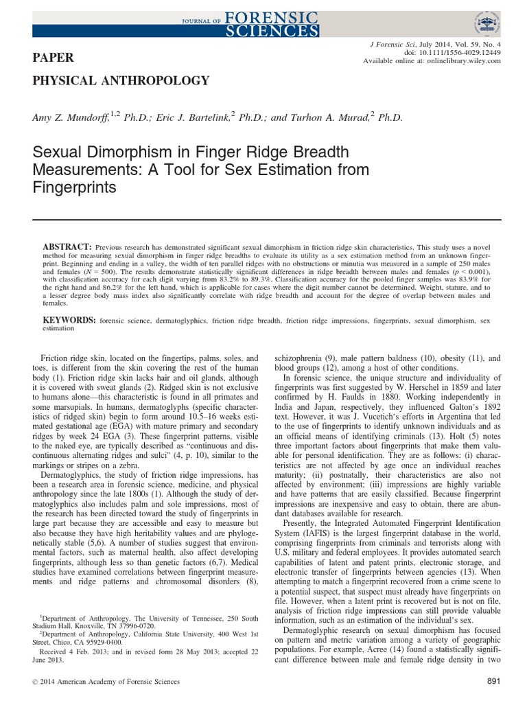 Sexual Dimorphism in Finger Ridge Breadths | PDF | Fingerprint | Body ...