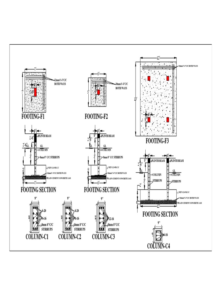 Footing-F1 Footing-F2: 12mm@ 4"C/C Both Ways 10mm@ 4"C/C Both Ways ...