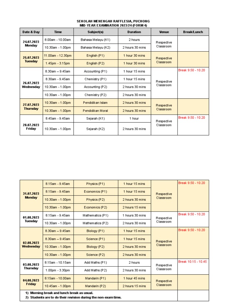 Form 4 - Mid Year Exam Schedule 2023 - 24 | PDF | Science